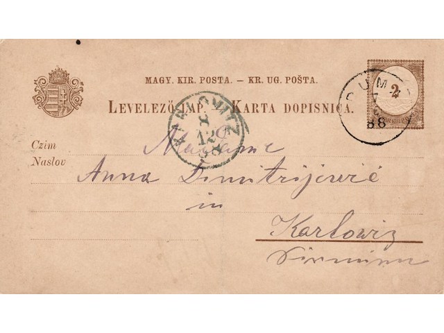 Ruma - Karlowitz (Sremski Karlovci) 1888. - dopisnica