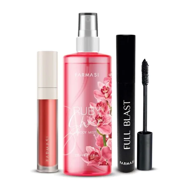 Set 3/1 Full Blast Mascara,Latina Lipstick 01,Ruby Body Mist