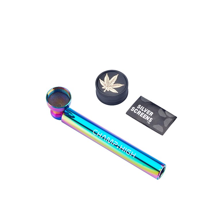 CHAMP HIGH RAINBOW GLASS PIPE + MINI GRINDER
