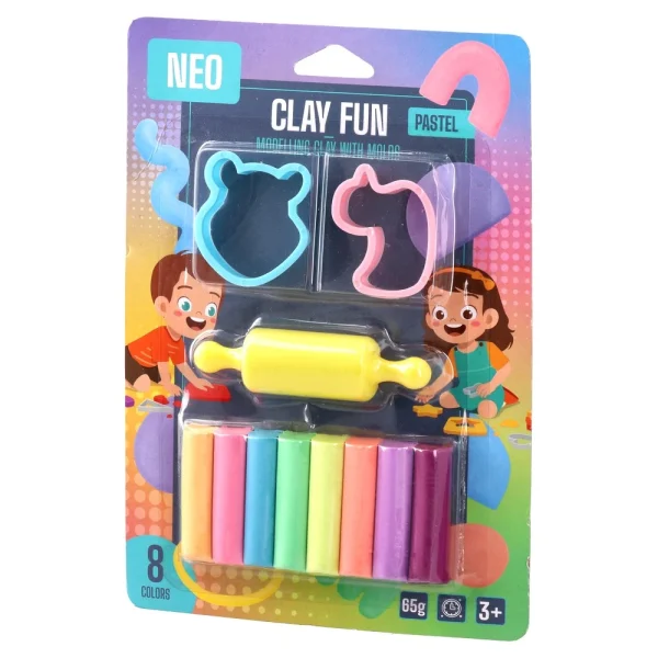 Clay fun, plastelin sa kalupima, pastel, 8 boja, 65g