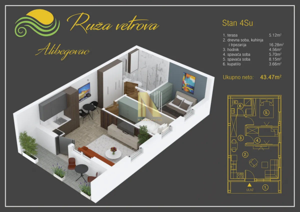 Prodaja, dvosoban stan, 43m², Alibegovac, Petrovaradin