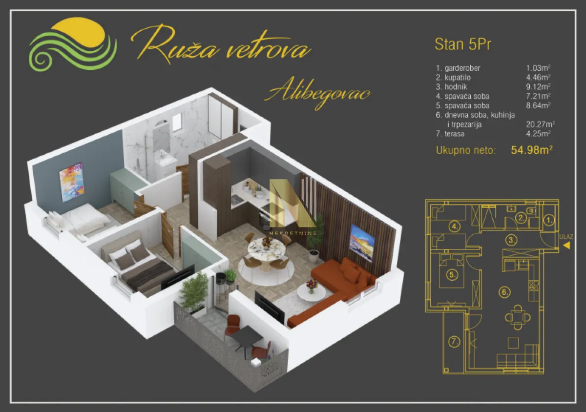 Prodaja, dvosoban stan, 55m², Alibegovac, Petrovaradin