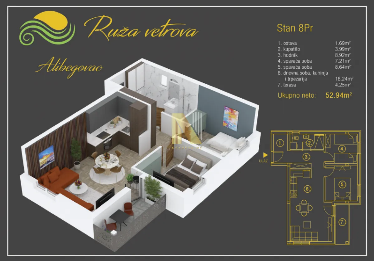 Prodaja, dvosoban stan, 53m², Alibegovac, Petrovaradin