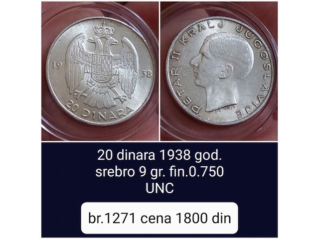 20 dinara 1938 god. srebro 9 gr. UNC