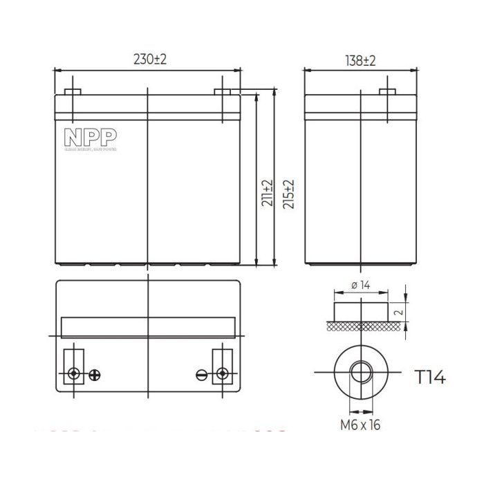 NPP NPG12V-55Ah, GEL BATTERY, C20=55AH, T14, 230*138*208*212, 15KG, Light grey