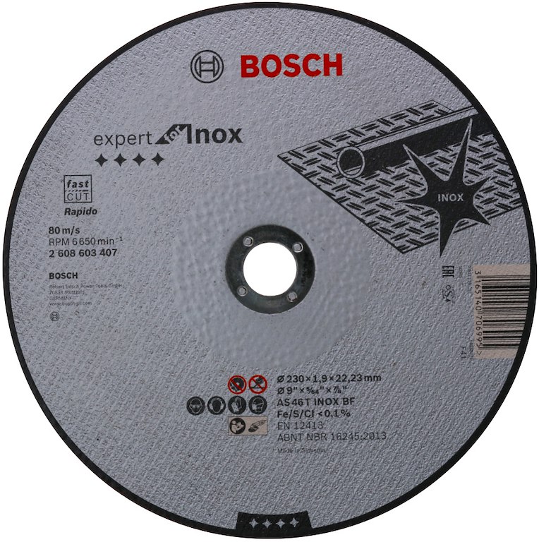 BOSCH Rezne ploče Expert for Inox Rapido s ravnim središtem prečnika 22,23 mm, za velike ugaone brusilice 2608603407ID: EK000793006