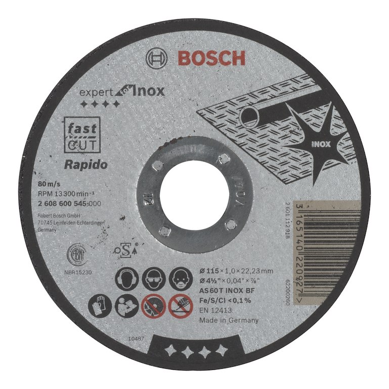 BOSCH Rezne ploče Expert for Inox Rapido s ravnim središtem prečnika 22,23 mm, za male ugaone brusilice 2608600545ID: EK000792439