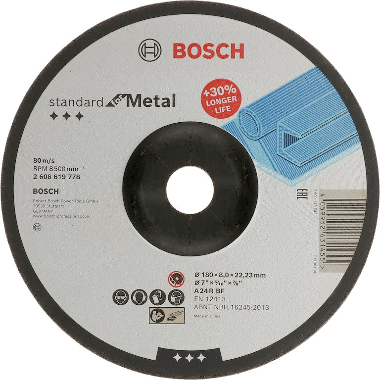 BOSCH Brusne ploče Standard for Metal s udubljenim središtem prečnika 22,23 mm, za velike ugaone brusilice 2608619778ID EK000790894