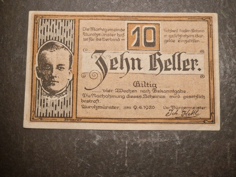Austrija 10 Hellera 1920 Aurolzmünster aUNC RRR