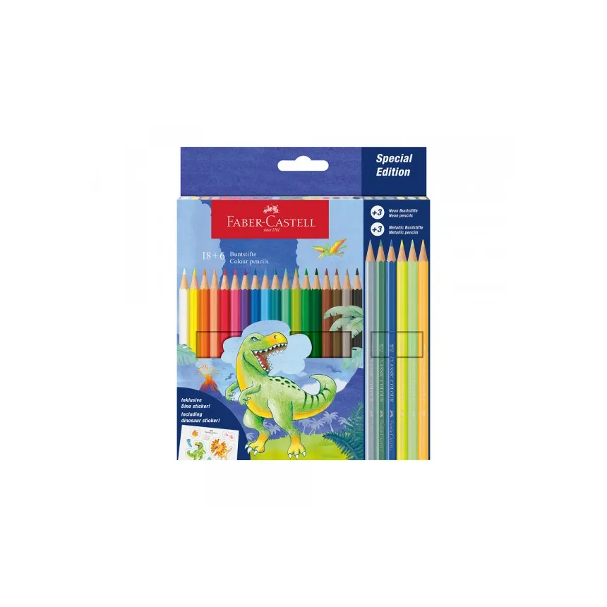 Drvene Bojice Faber Castell Dino Klasik 1/18+3 met+3 neon + stikeri 111222