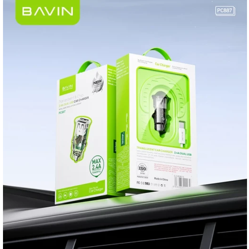 Bavin auto punjač 2.4A Dual 2xUSB-A + kabl type-A na type-C crna