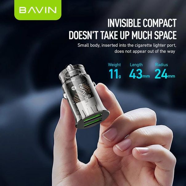 BAVIN Auto punjač 2.4A Dual 2xUSB-A + kabl type-A na type-C, crna