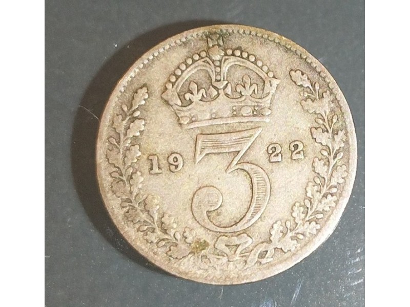 C15 3 pence Velika Britanija 1922 srebrnjak 1,41g srebr