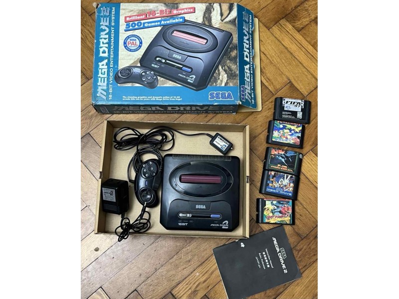 Sega Mega Drive 2 Kutija, papiri, 5 ketridza