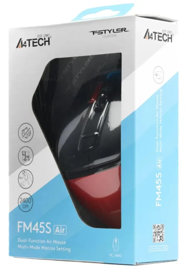 A4 TECH A4-FM45S AIR A4Tech Fstyler opticki mis 125-1000Hz/1000-2400Dpi, 108mm, Silent, 7-but, USB, Red/blk