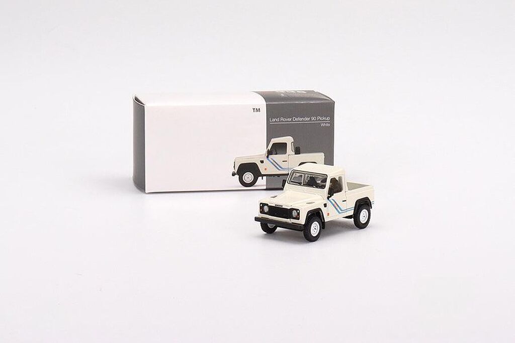      Land Rover Defender 90 Pickup – White with Blue Stripes – 1:64 –