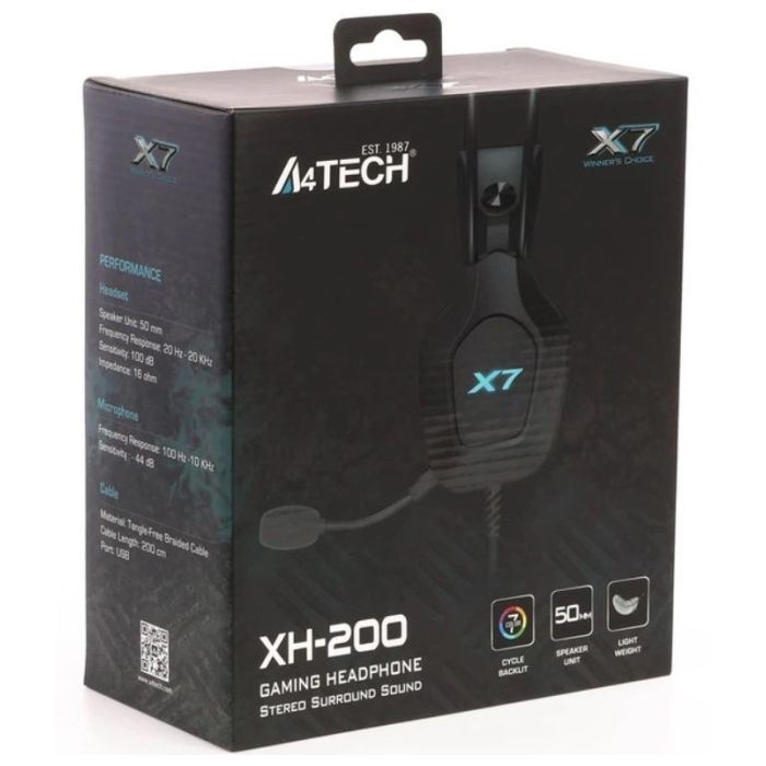 A4-XH-200 A4Tech X7 gejmerske slusalice sa mikrofonom, SURROUND, 50mm/16ohm, USB, LED, Black