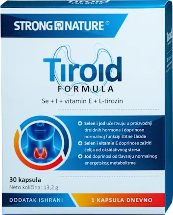 STRONG NATURE
Tiroid FORMULA - Se + I + vitamin E + L-tirozin - dodatak ishrani, 30 kom
Dodatak ishrani