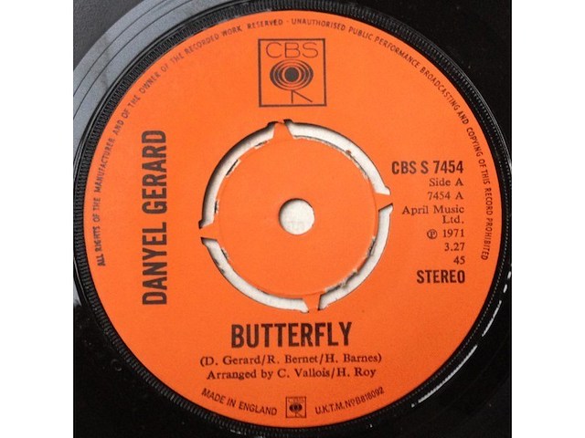 Danyel Gerard* – Butterfly Vinyl, 7`, 45 RPM, Single