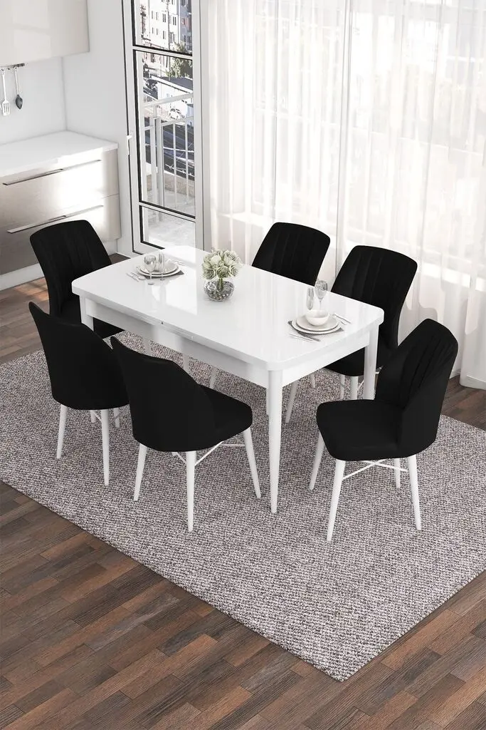 Hanah Home Set Trpezarijski sto i 6 stolica Eva, Crno-beli
