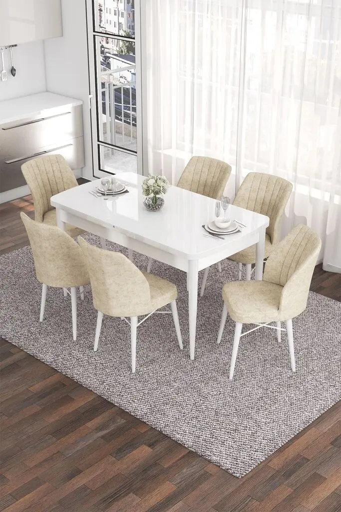 Hanah Home Set Trpezarijski sto i 6 stolica Eva, Krem-beli