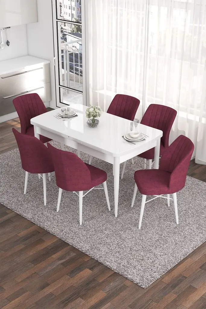 Hanah Home Set Trpezarijski sto i 6 stolica Eva, Bordo-beli