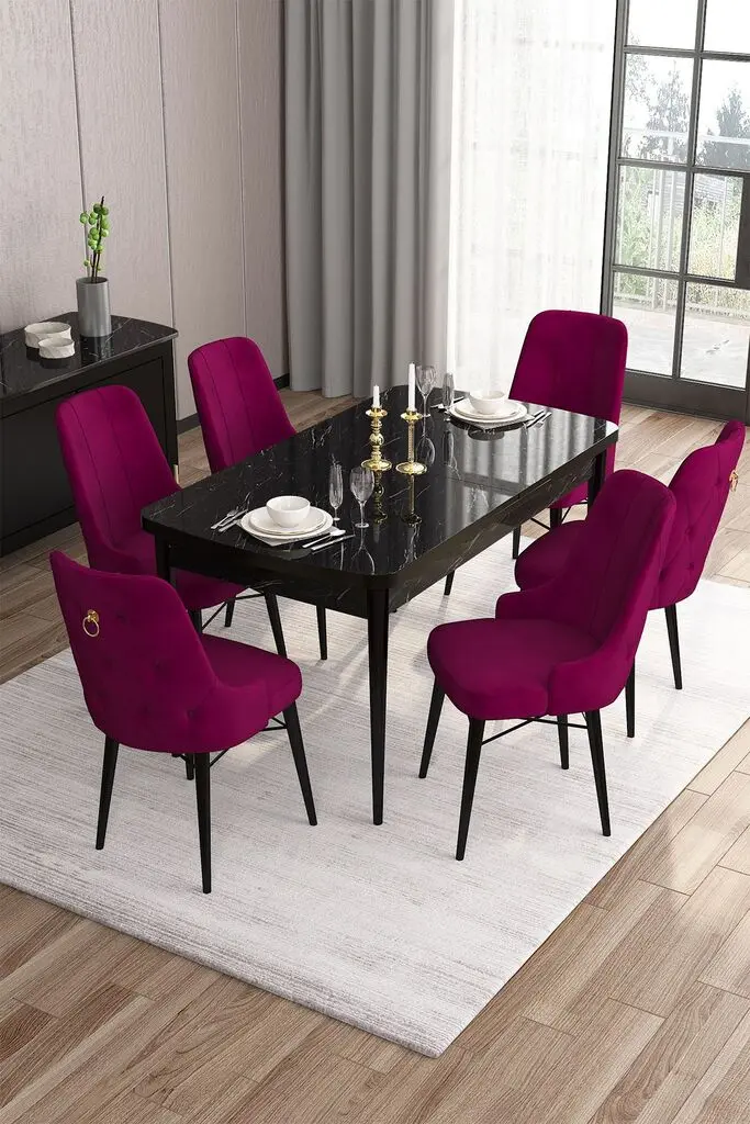 Hanah Home Set Trpezarijski sto i 6 stolica Are, Bordo-crni