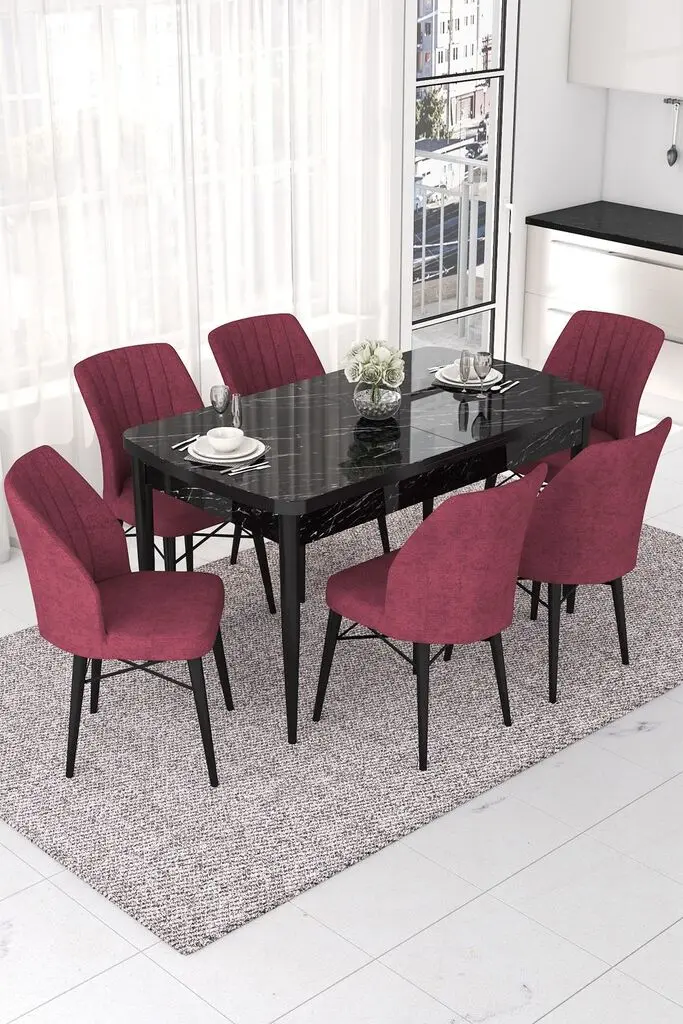 Hanah Home Set Trpezarijski sto i 6 stolica Nef, Bordo-crni