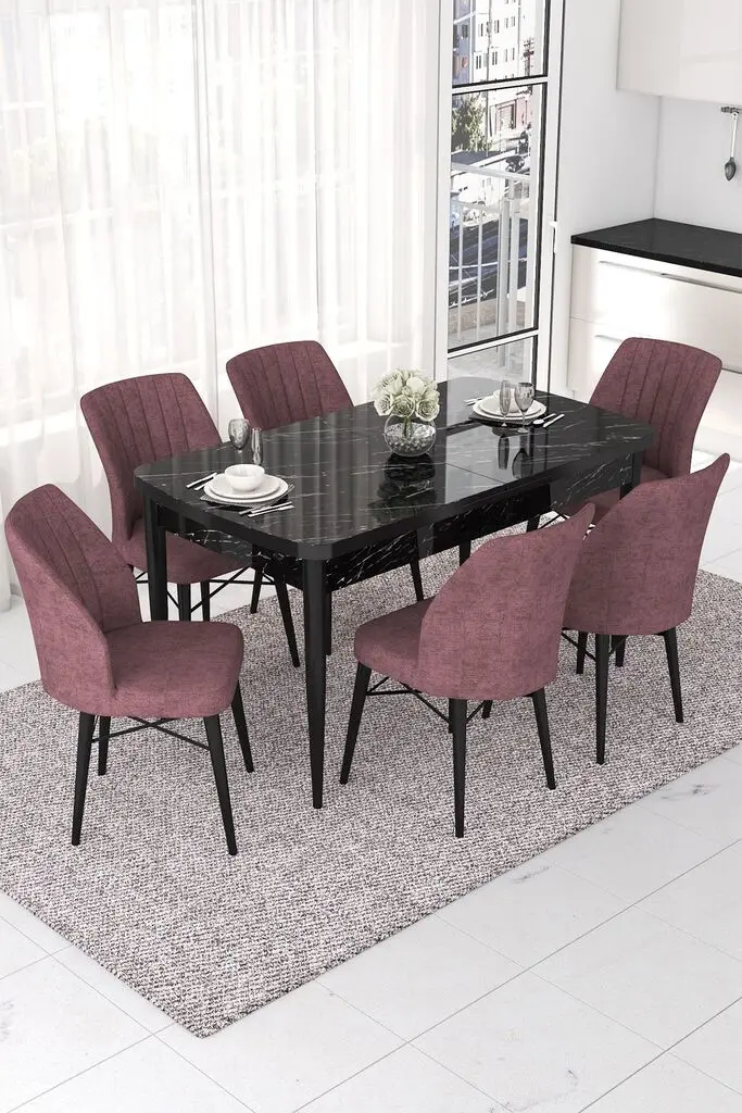 Hanah Home Set Trpezarijski sto i 6 stolica Nef, Prljavo roze