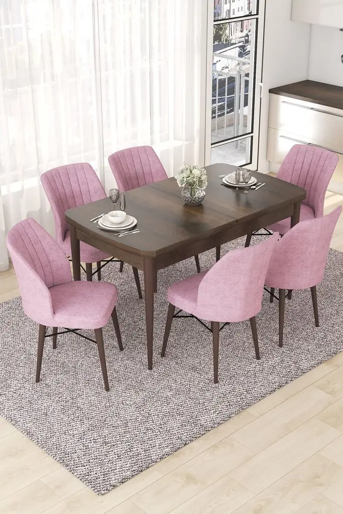 Hanah Home Set Trpezarijski sto i 6 stolica Nef, Roze-braon
