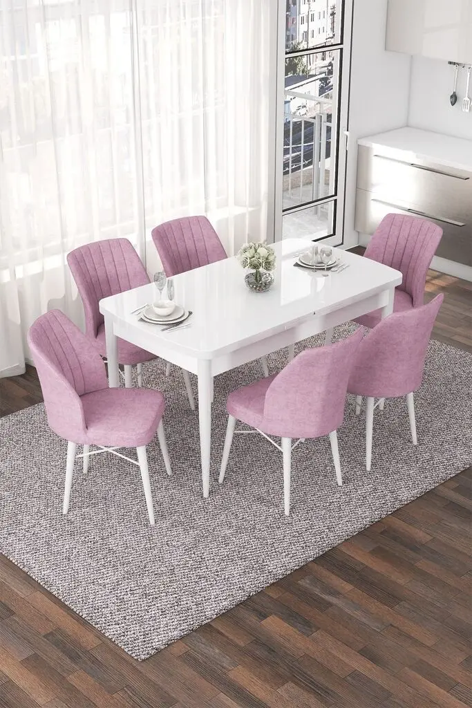 Hanah Home Set Trpezarijski sto i 6 stolica Nef, Roze-beli