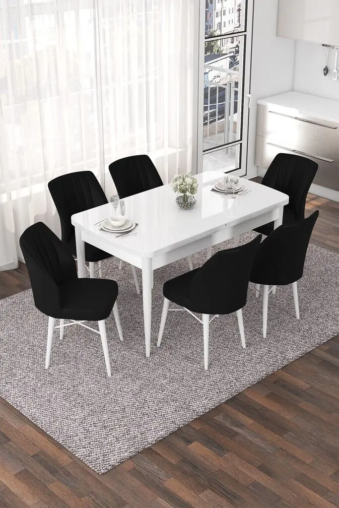 Hanah Home Set Trpezarijski sto i 6 stolica Nef, Crno-beli