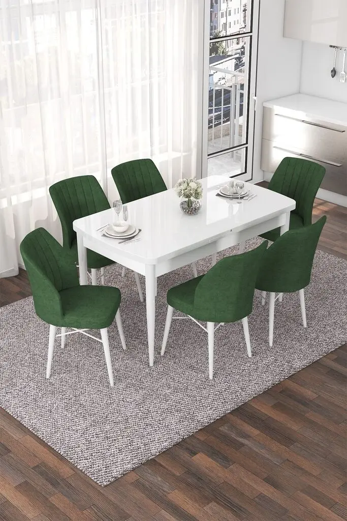 Hanah Home Set Trpezarijski sto i 6 stolica Nef, Zeleno-beli