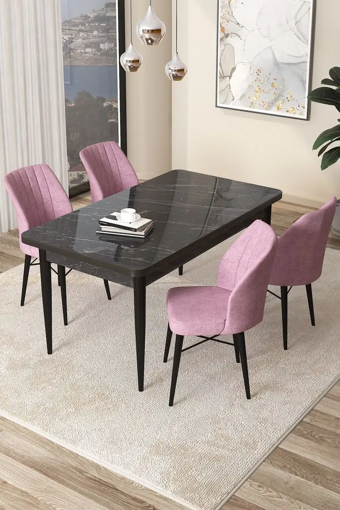 Hanah Home Set Trpezarijski sto i 4 stolice Arp, Crno-roze