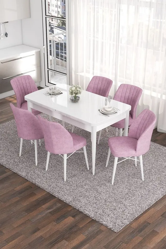 Hanah Home Set Trpezarijski sto i 6 stolica Eva, Roze-beli