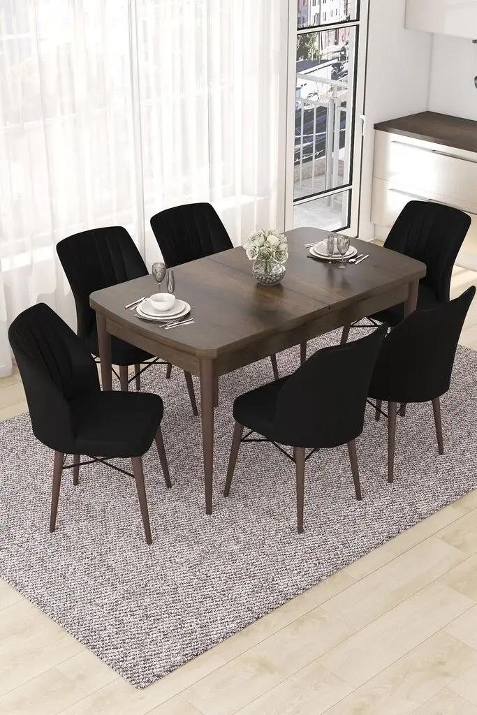 Hanah Home Set Trpezarijski sto i 6 stolica Nef, Crno-braon