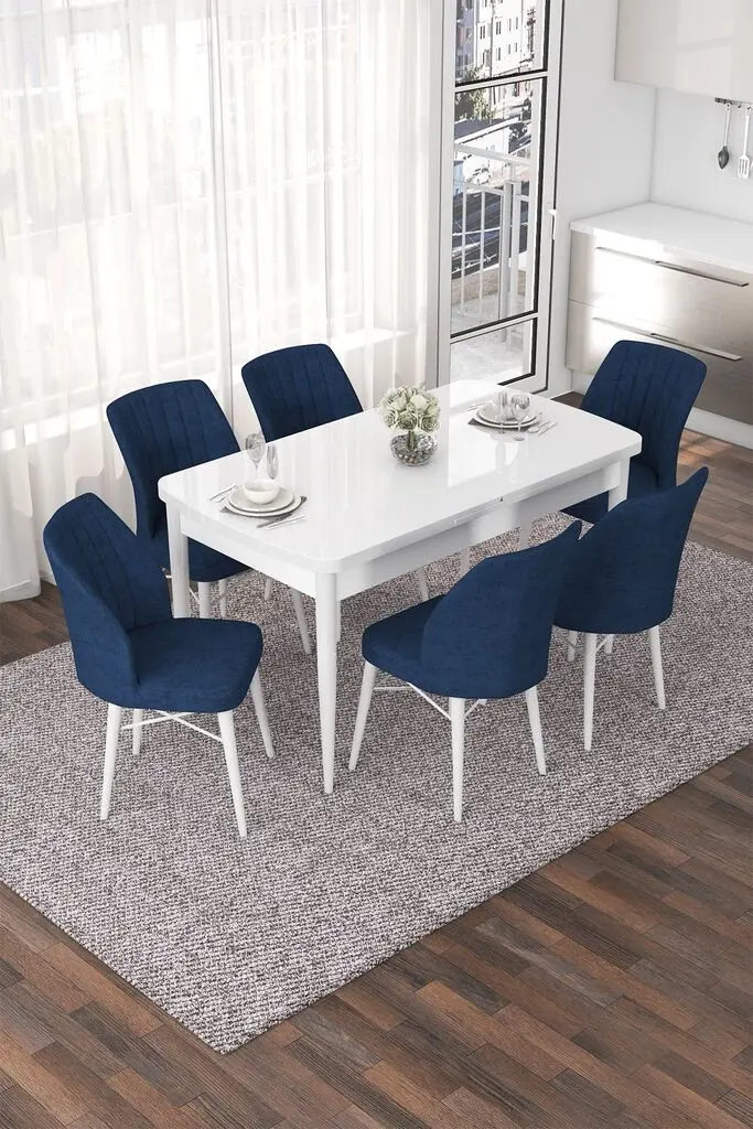 Hanah Home Set Trpezarijski sto i 6 stolica Nef, Plavo-beli