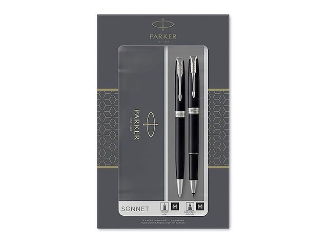 Parker Sonnet Duo Gift Set with Ballpoint Pen &; Rollerball Pen, Gloss Black with Chrome Trim