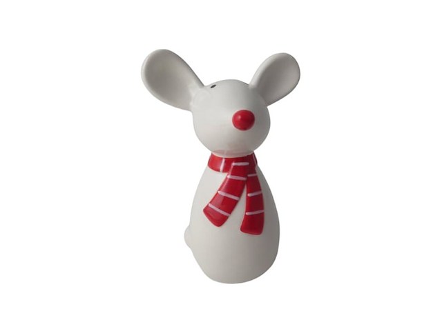 Novogodišnja figura - White Mouse With Red Nose and Scarf, 14 cm