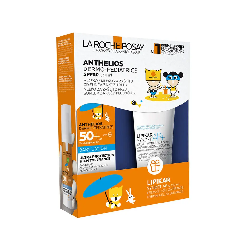 La Roš Pozeј set losion za osetljivu bebinu kožu SPF50, 50 ml + Lipikar Sindet AP+ gel za čišćenje 100 ml Antelios Demo-pediјatriјa