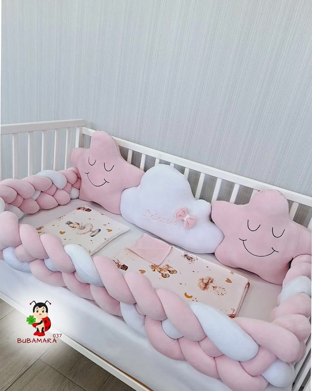 Bubamara037 Set za krevetac sa ogradicom od pletenica, sa lastišom, Roze-Beli