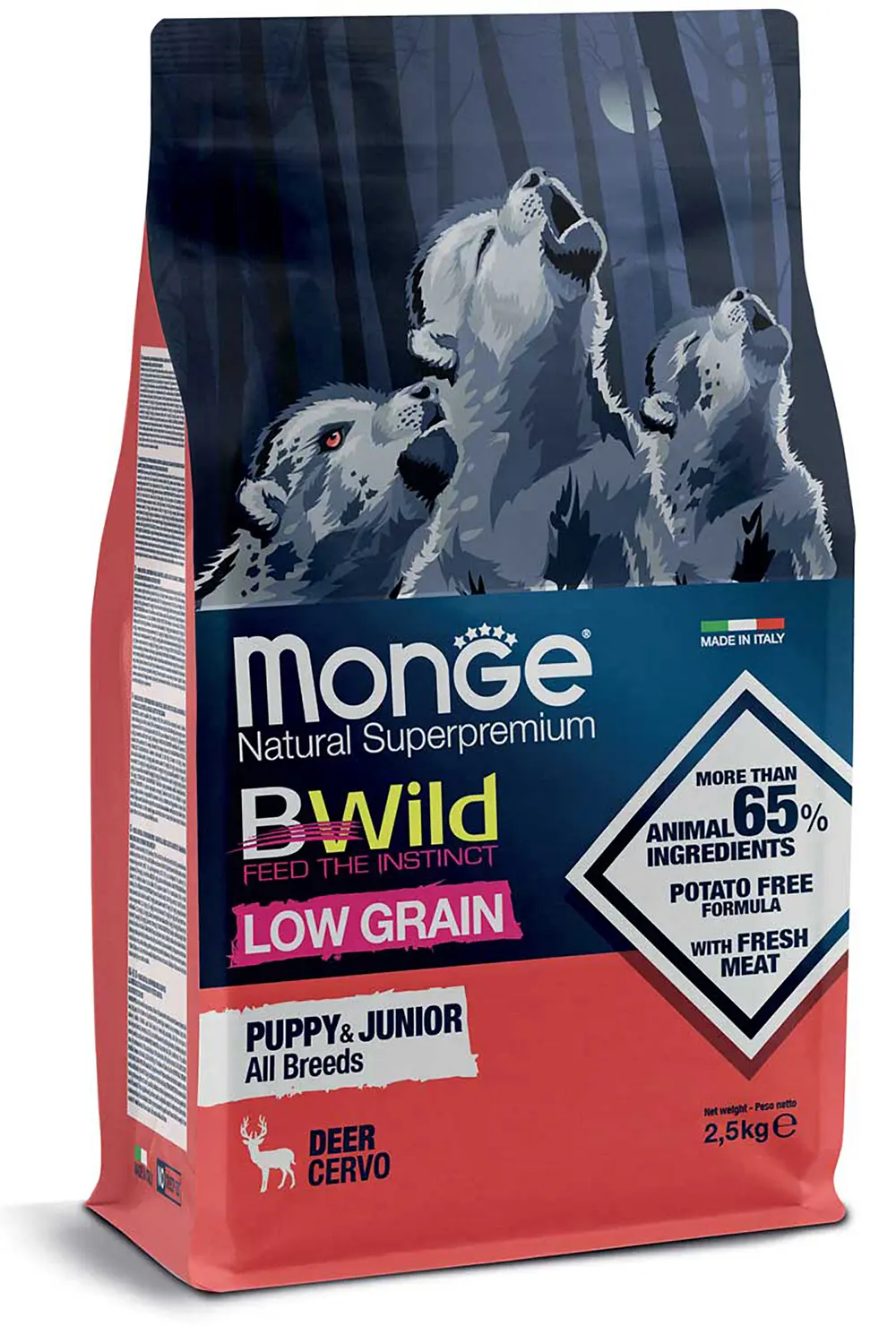 MONGE Suva hrana za štence i mlade pse svih rasa, jelenje meso bez žitarica Bwild Grain 2.5kg