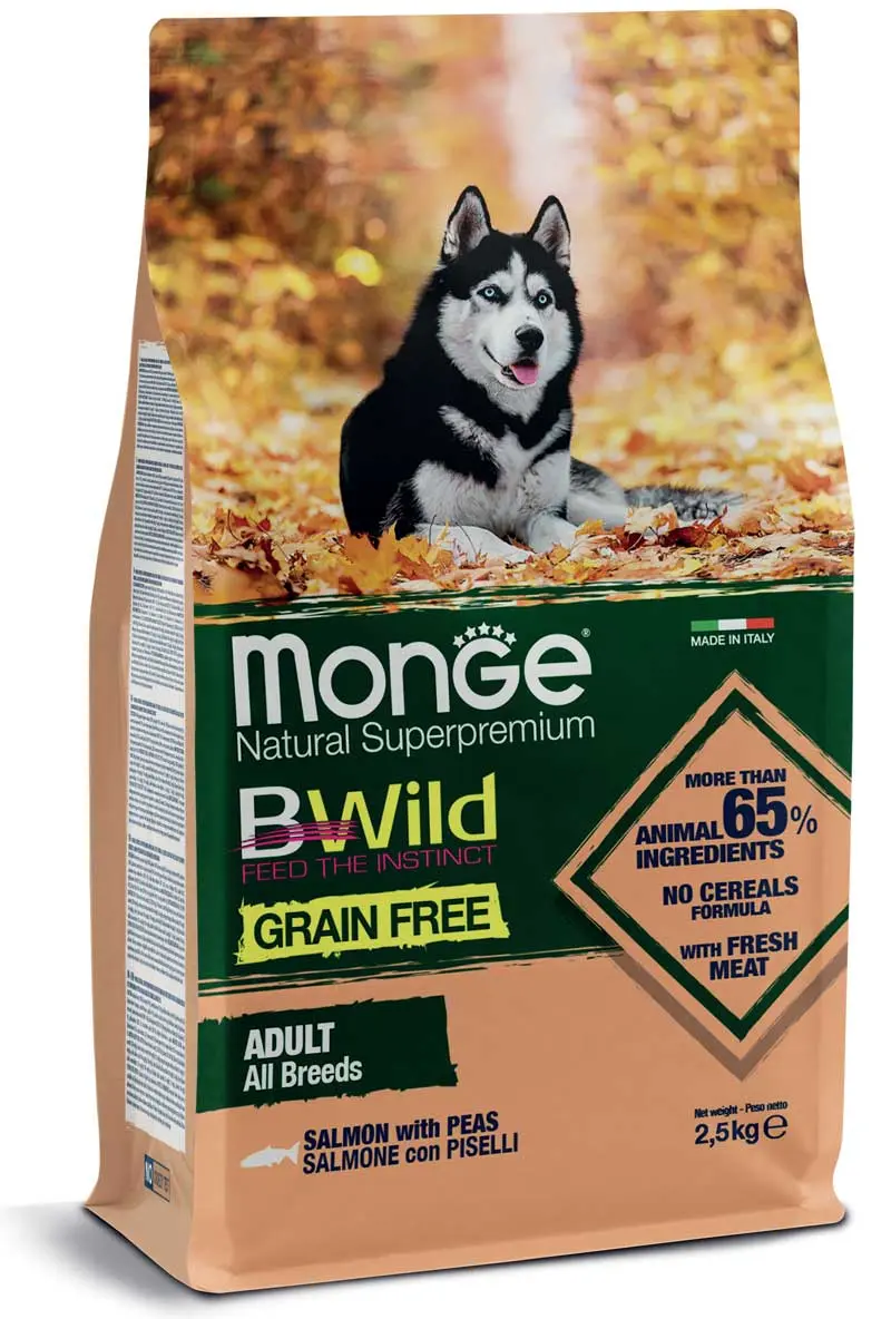 MONGE Suva hrana za odrasle pse svih rasa, losos i grašak bez žitarica Bwild Grain Free 2.5kg