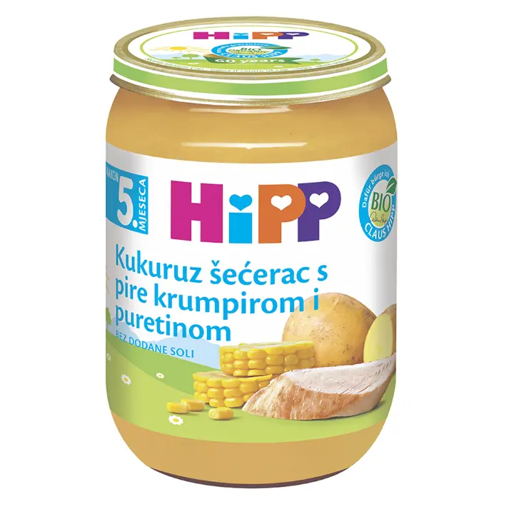 Hipp Kašica za bebe Kukuruz šećerac sa pire krompirom i ćuretinom, 190 g