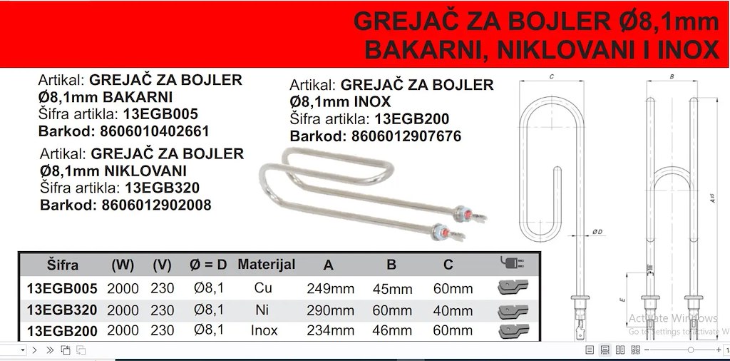GREJAČ BOJLERA INOX 2000W8,1mm