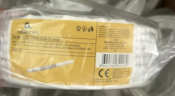 GEMBIRD KABL-COAX-RG6/15 white (X553)** koaksialni kabl RG6 konektor F-male/IEC, conduct.18%, 6.5mm 15m(200)