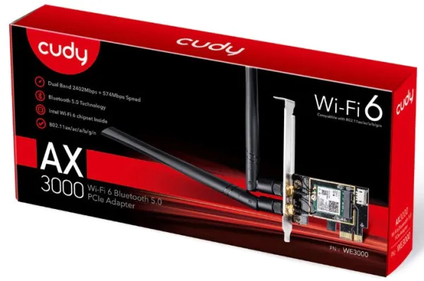 Cudy WE3000 AX3000 Wi-Fi 6 + Bluetooth5.2 PCI Express Adapter 2.4+5Ghz, 2x5dBi detachable antenna