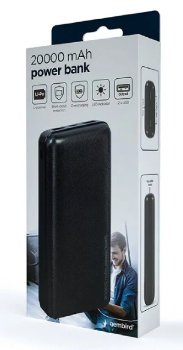 PB20-02 Gembird Power bank 20000mAh 2xUSB, LED