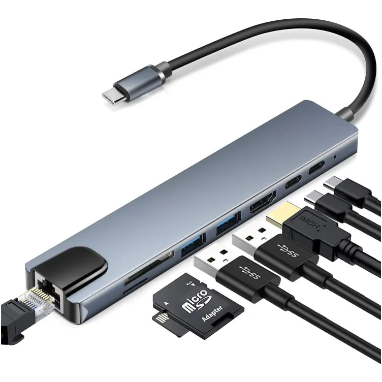 Adapter-konvertor TIP C na HDMI+2xUSB 3.0+SD/Micro SD+2xTIP C+RJ45
