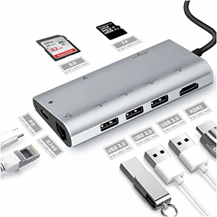 Adapter-konvertor TIP C na HDMI+3xUSB 3.0+SD/Micro SD+RJ45+TIP C